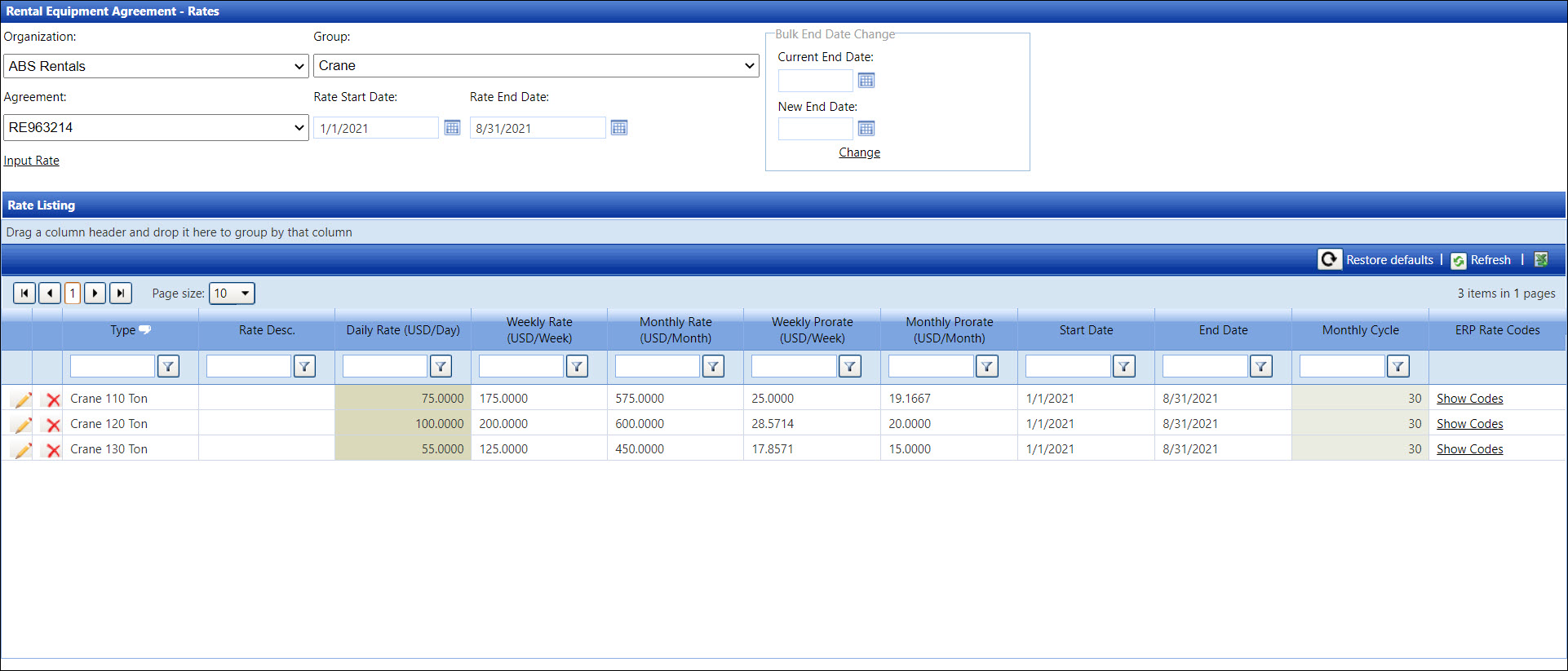 Rental Equipment Rates